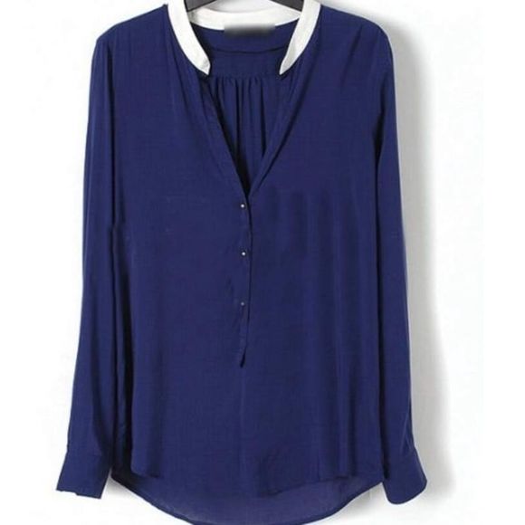 Zara | Tops | Zara Woman Navy Blouse Wwhite Colar | Poshmark
